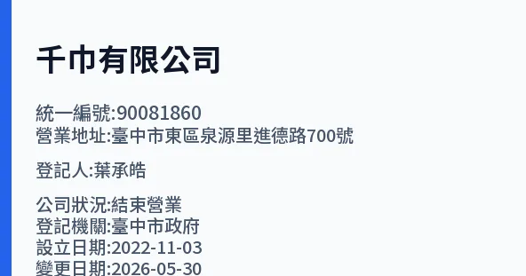 千巾有限公司的照片-統編 90081860(臺中市) 公司登記資料與營業項目詳細圖表