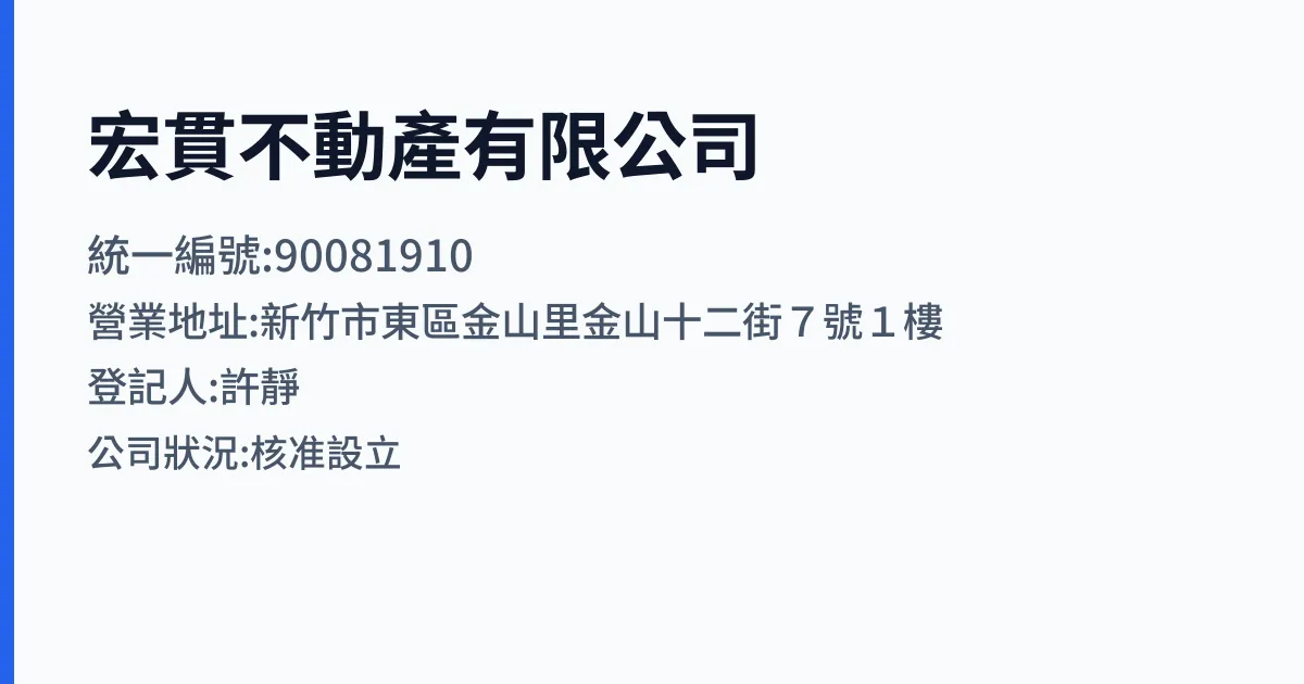 宏貫不動產有限公司 - 統編 90081910(新竹市) 公司登記資料與營業項目詳細圖表
