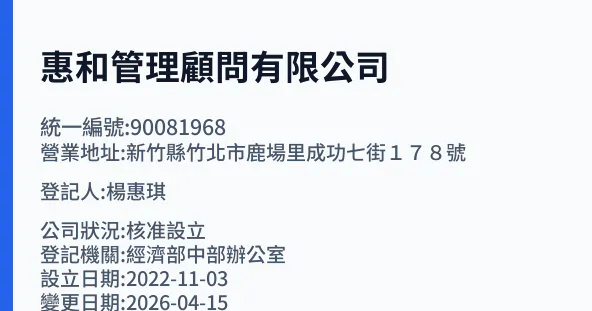 惠和管理顧問有限公司的照片-統編 90081968(新竹縣) 公司登記資料與營業項目詳細圖表