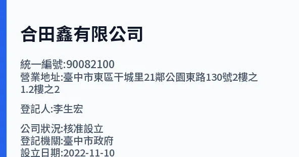 合田鑫有限公司的照片-統編 90082100(臺中市) 公司登記資料與營業項目詳細圖表