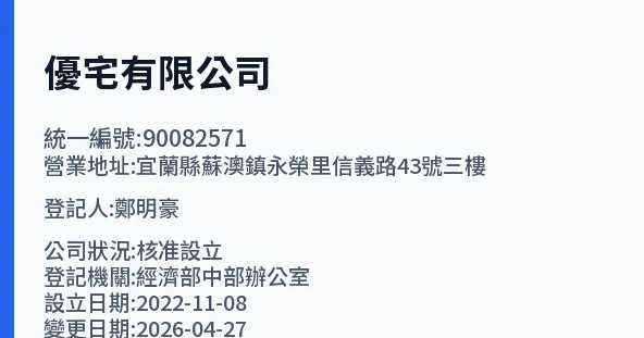 優宅有限公司的照片-統編 90082571(宜蘭縣) 公司登記資料與營業項目詳細圖表
