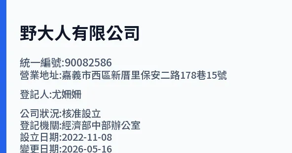 野大人有限公司的照片-統編 90082586(嘉義市) 公司登記資料與營業項目詳細圖表