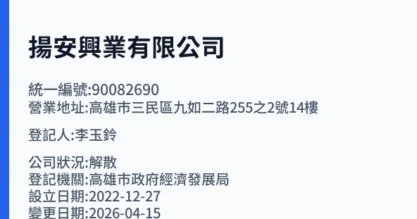 揚安興業有限公司的照片-統編 90082690(高雄市) 公司登記資料與營業項目詳細圖表