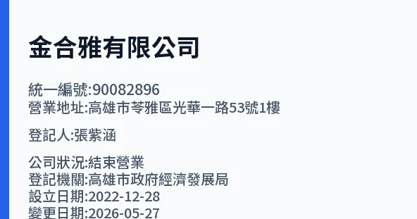 金合雅有限公司的照片-統編 90082896(高雄市) 公司登記資料與營業項目詳細圖表