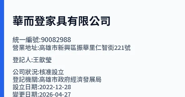 華而登家具有限公司的照片-統編 90082988(高雄市) 公司登記資料與營業項目詳細圖表