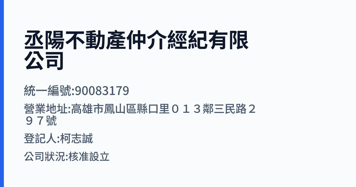 丞陽不動產仲介經紀有限公司 - 統編 90083179(高雄市) 公司登記資料與營業項目詳細圖表