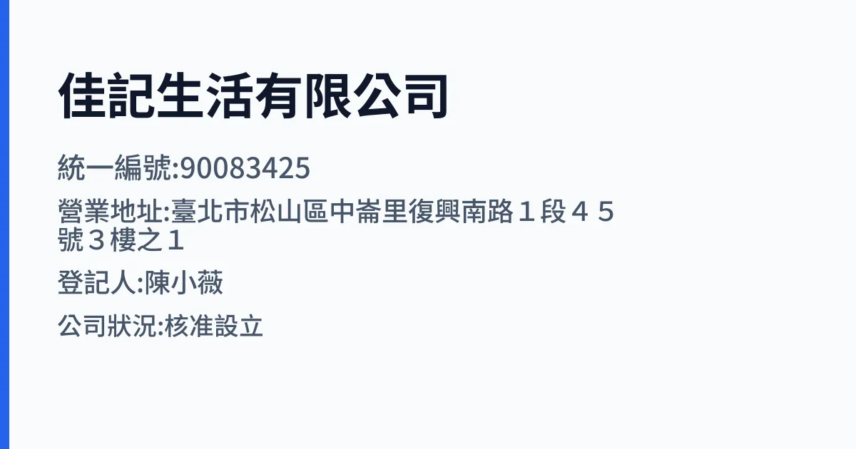 佳記生活有限公司 - 統編 90083425(臺北市) 公司登記資料與營業項目詳細圖表