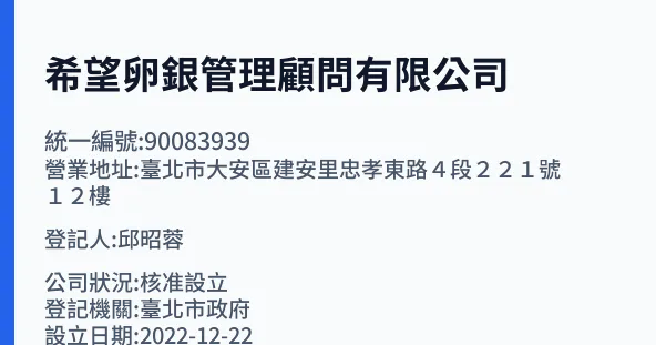 希望卵銀管理顧問有限公司的照片-統編 90083939(臺北市) 公司登記資料與營業項目詳細圖表