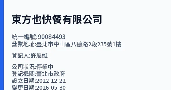 東方也快餐有限公司的照片-統編 90084493(臺北市) 公司登記資料與營業項目詳細圖表