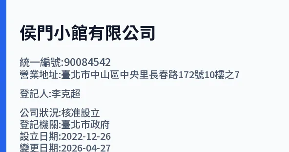 侯門小館有限公司的照片-統編 90084542(臺北市) 公司登記資料與營業項目詳細圖表