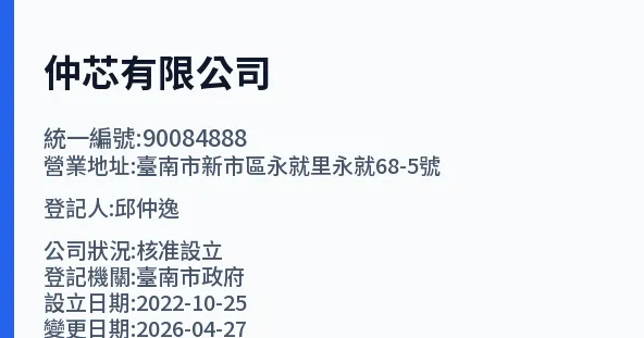 仲芯有限公司的照片-統編 90084888(臺南市) 公司登記資料與營業項目詳細圖表