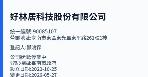 好林居科技股份有限公司的照片-統編 90085107(臺南市) 公司登記資料與營業項目詳細圖表