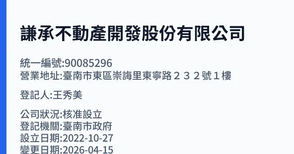 謙承不動產開發股份有限公司的照片-統編 90085296(臺南市) 公司登記資料與營業項目詳細圖表
