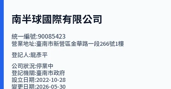 南半球國際有限公司的照片-統編 90085423(臺南市) 公司登記資料與營業項目詳細圖表