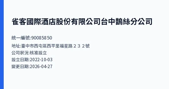 雀客國際酒店股份有限公司台中鵲絲分公司的照片-統編 90085850(臺中市) 公司登記資料與營業項目詳細圖表