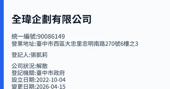 全瑋企劃有限公司的照片-統編 90086149(臺中市) 公司登記資料與營業項目詳細圖表