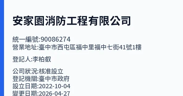 安家園消防工程有限公司的照片-統編 90086274(臺中市) 公司登記資料與營業項目詳細圖表