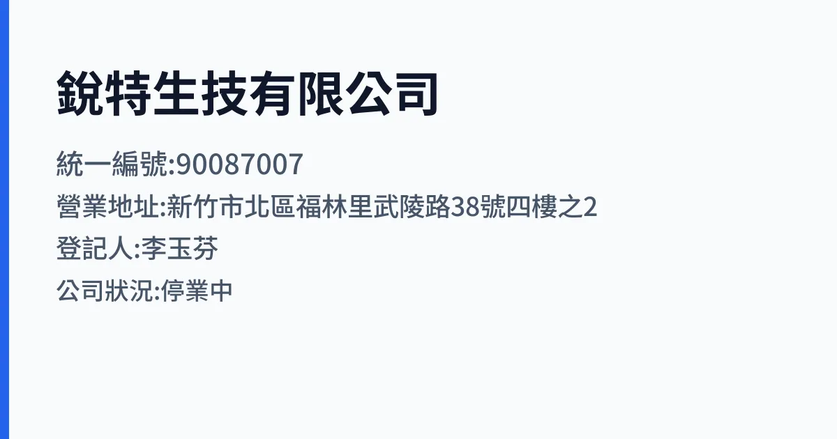 銳特生技有限公司 - 統編 90087007(新竹市) 公司登記資料與營業項目詳細圖表