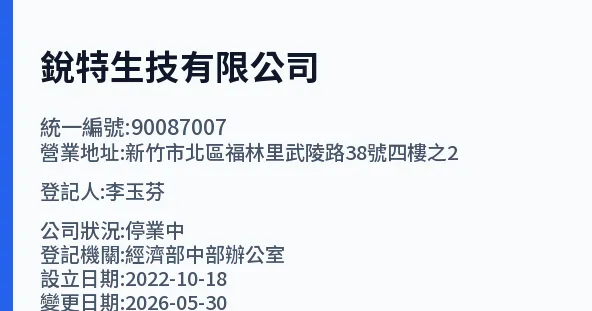 銳特生技有限公司的照片-統編 90087007(新竹市) 公司登記資料與營業項目詳細圖表