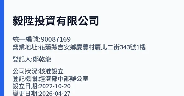 毅陞投資有限公司的照片-統編 90087169(花蓮縣) 公司登記資料與營業項目詳細圖表