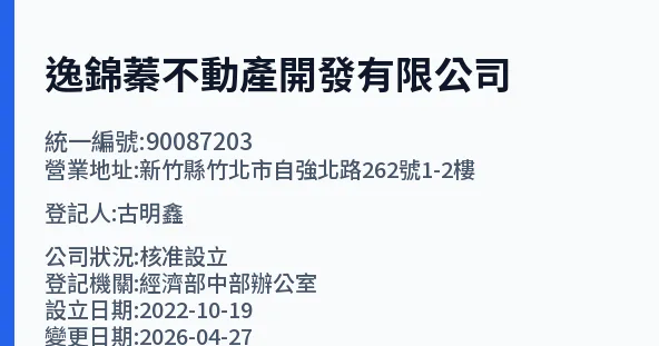 逸錦蓁不動產開發有限公司的照片-統編 90087203(新竹縣) 公司登記資料與營業項目詳細圖表