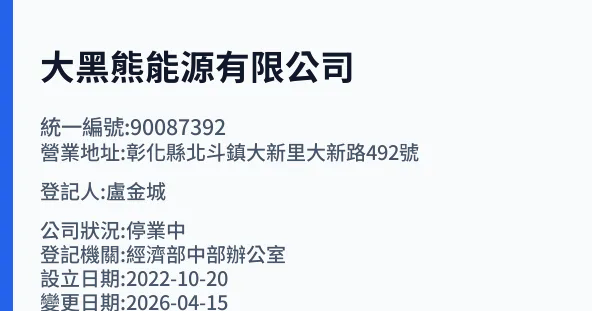 大黑熊能源有限公司的照片-統編 90087392(彰化縣) 公司登記資料與營業項目詳細圖表