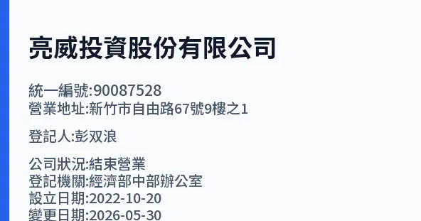 亮威投資股份有限公司的照片-統編 90087528(新竹縣) 公司登記資料與營業項目詳細圖表
