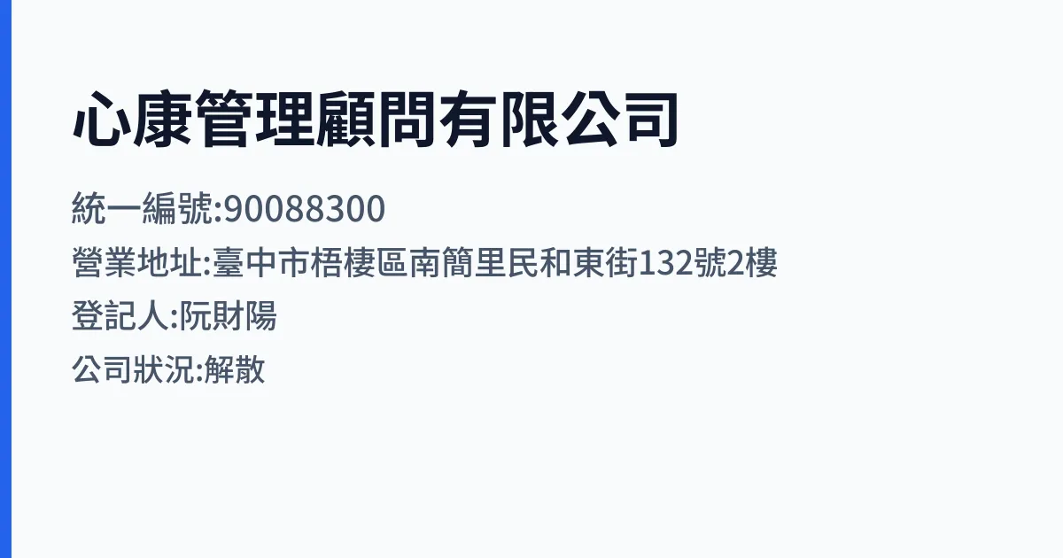 心康管理顧問有限公司 - 統編 90088300(臺中市) 公司登記資料與營業項目詳細圖表