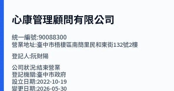 心康管理顧問有限公司的照片-統編 90088300(臺中市) 公司登記資料與營業項目詳細圖表