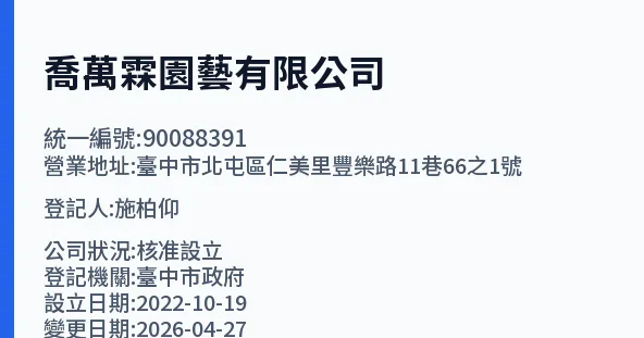 喬萬霖園藝有限公司的照片-統編 90088391(臺中市) 公司登記資料與營業項目詳細圖表