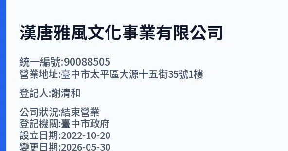漢唐雅風文化事業有限公司的照片-統編 90088505(臺中市) 公司登記資料與營業項目詳細圖表