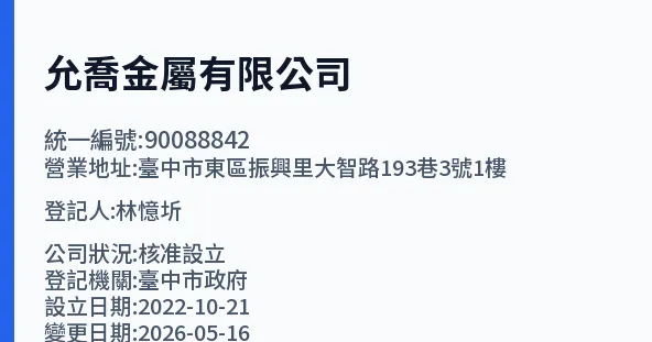 允喬金屬有限公司的照片-統編 90088842(臺中市) 公司登記資料與營業項目詳細圖表