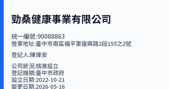勁桑健康事業有限公司的照片-統編 90088863(臺中市) 公司登記資料與營業項目詳細圖表