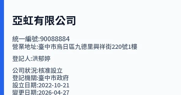 亞虹有限公司的照片-統編 90088884(臺中市) 公司登記資料與營業項目詳細圖表