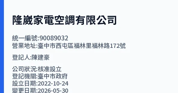 隆崴家電空調有限公司的照片-統編 90089032(臺中市) 公司登記資料與營業項目詳細圖表