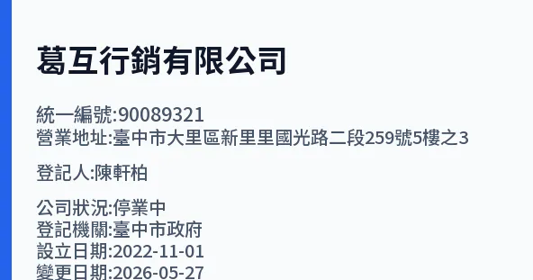 葛互行銷有限公司的照片-統編 90089321(臺中市) 公司登記資料與營業項目詳細圖表