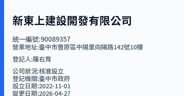 新東上建設開發有限公司的照片-統編 90089357(臺中市) 公司登記資料與營業項目詳細圖表