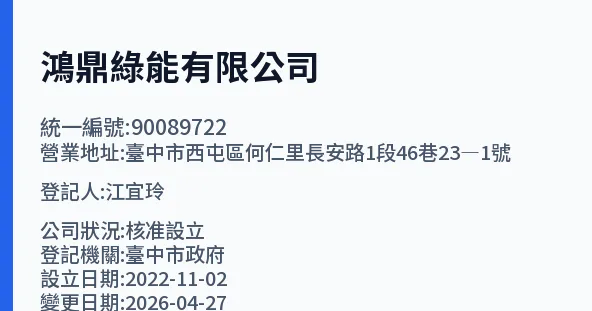 鴻鼎綠能有限公司的照片-統編 90089722(臺中市) 公司登記資料與營業項目詳細圖表