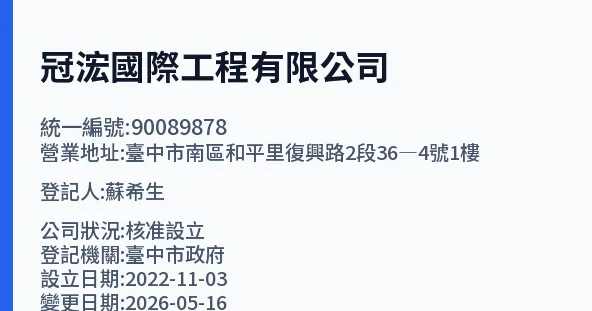冠浤國際工程有限公司的照片-統編 90089878(臺中市) 公司登記資料與營業項目詳細圖表