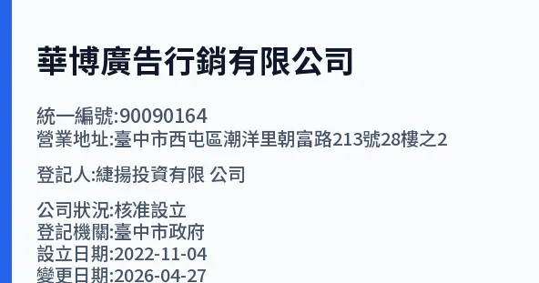 華博廣告行銷有限公司的照片-統編 90090164(臺中市) 公司登記資料與營業項目詳細圖表