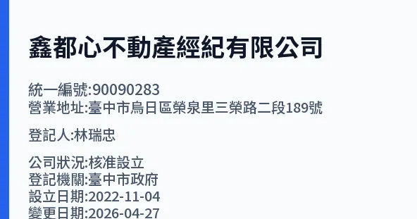 鑫都心不動產經紀有限公司的照片-統編 90090283(臺中市) 公司登記資料與營業項目詳細圖表