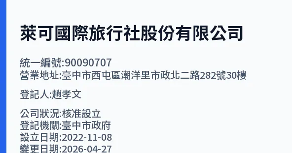 萊可國際旅行社股份有限公司的照片-統編 90090707(臺中市) 公司登記資料與營業項目詳細圖表