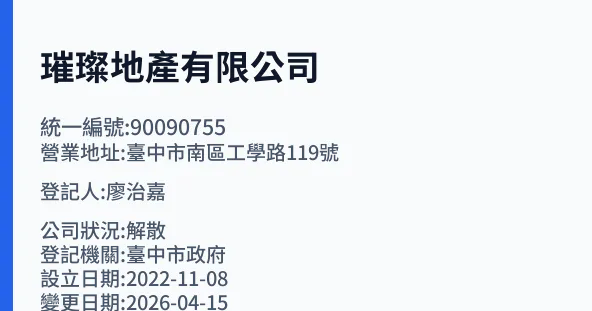 璀璨地產有限公司的照片-統編 90090755(臺中市) 公司登記資料與營業項目詳細圖表