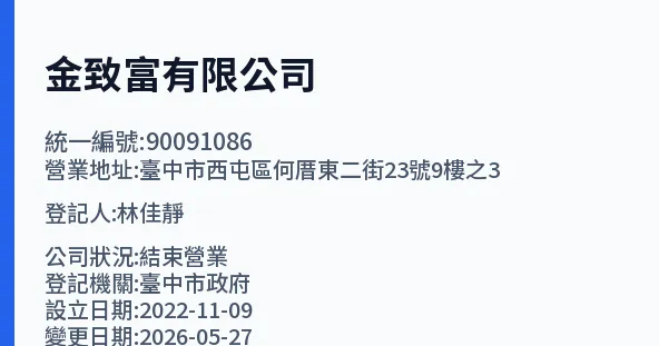 金致富有限公司的照片-統編 90091086(臺中市) 公司登記資料與營業項目詳細圖表