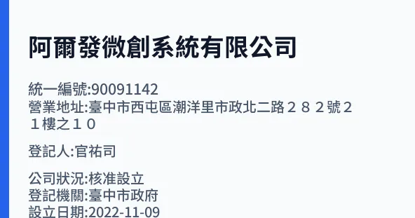 阿爾發微創系統有限公司的照片-統編 90091142(臺中市) 公司登記資料與營業項目詳細圖表