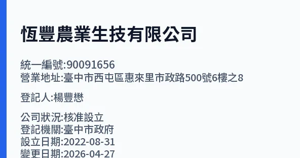 恆豐農業生技有限公司的照片-統編 90091656(臺中市) 公司登記資料與營業項目詳細圖表