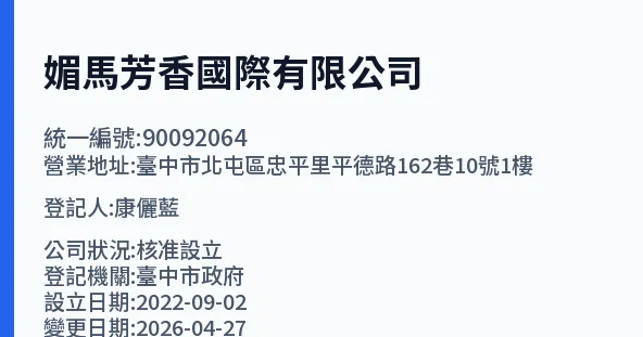 媚馬芳香國際有限公司的照片-統編 90092064(臺中市) 公司登記資料與營業項目詳細圖表