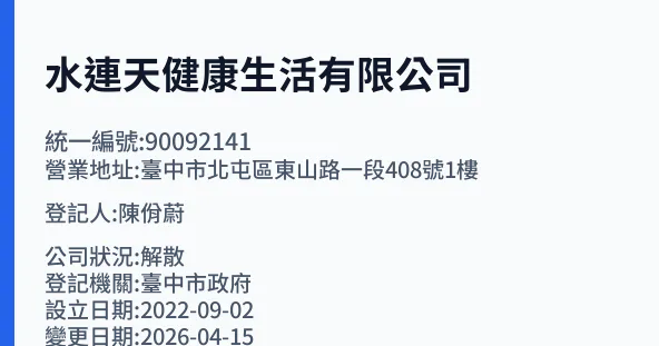 水連天健康生活有限公司的照片-統編 90092141(臺中市) 公司登記資料與營業項目詳細圖表