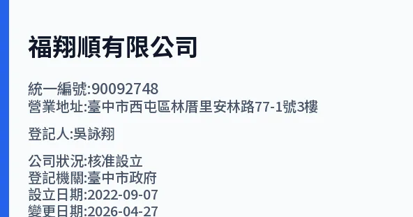 福翔順有限公司的照片-統編 90092748(臺中市) 公司登記資料與營業項目詳細圖表