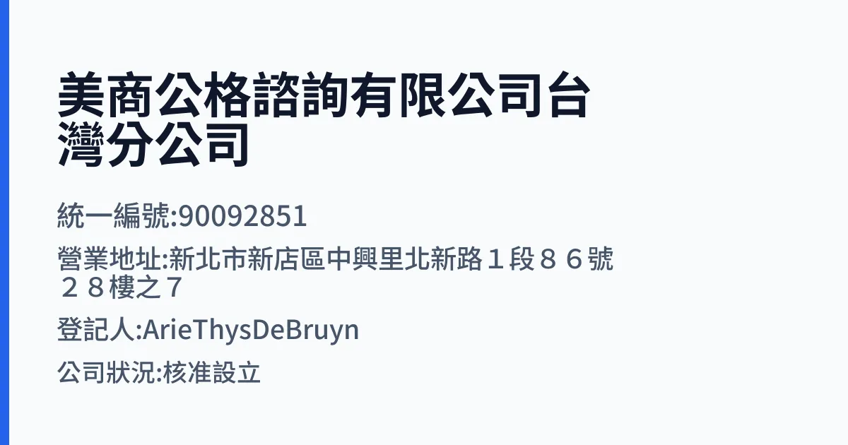 美商公格諮詢有限公司台灣分公司 - 統編 90092851(新北市) 公司登記資料與營業項目詳細圖表